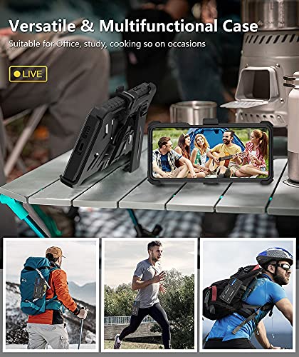 for Motorola Edge 2021 / Moto Edge 5G UW Case: Built-in Screen Protector Kickstand Full-Body Military Grade Three-Layer Protective Shockproof Rugged Phone Cover with Belt Clip Holster Black