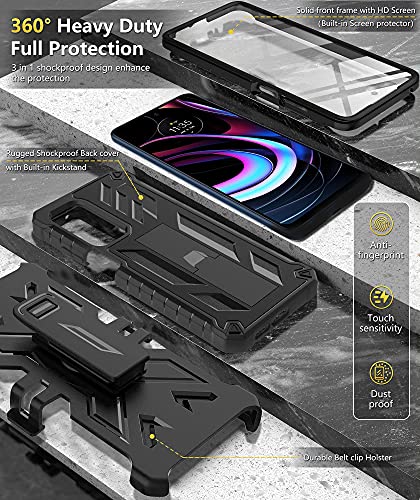 for Motorola Edge 2021 / Moto Edge 5G UW Case: Built-in Screen Protector Kickstand Full-Body Military Grade Three-Layer Protective Shockproof Rugged Phone Cover with Belt Clip Holster Black
