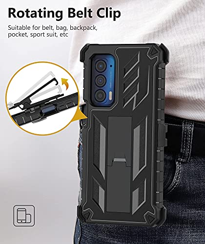 for Motorola Edge 2021 / Moto Edge 5G UW Case: Built-in Screen Protector Kickstand Full-Body Military Grade Three-Layer Protective Shockproof Rugged Phone Cover with Belt Clip Holster Black