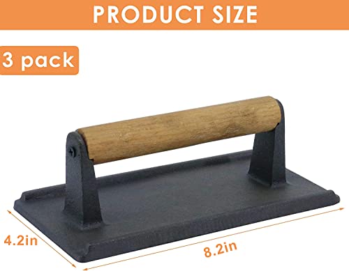 Finderomend Cast Iron Grill Bacon Press,Pre-Seasoned Coating Heavy Duty Steak and Burger Press with Wooden Handle,Steak Press for Griddles,Grills Bacon, Paninis (Dark Black)