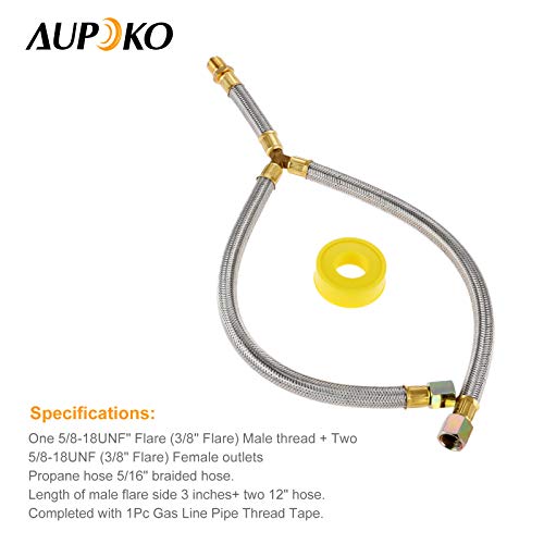 Aupoko Propane Y Splitter Connection Braided Pipe, 3/8" Flare Gas Propane Grill Y Splitter Stainless Steel Braided Hose Assembly, Length 5/16", Fits for LPG & NG Propane Fire Pit Hose & Fireplace
