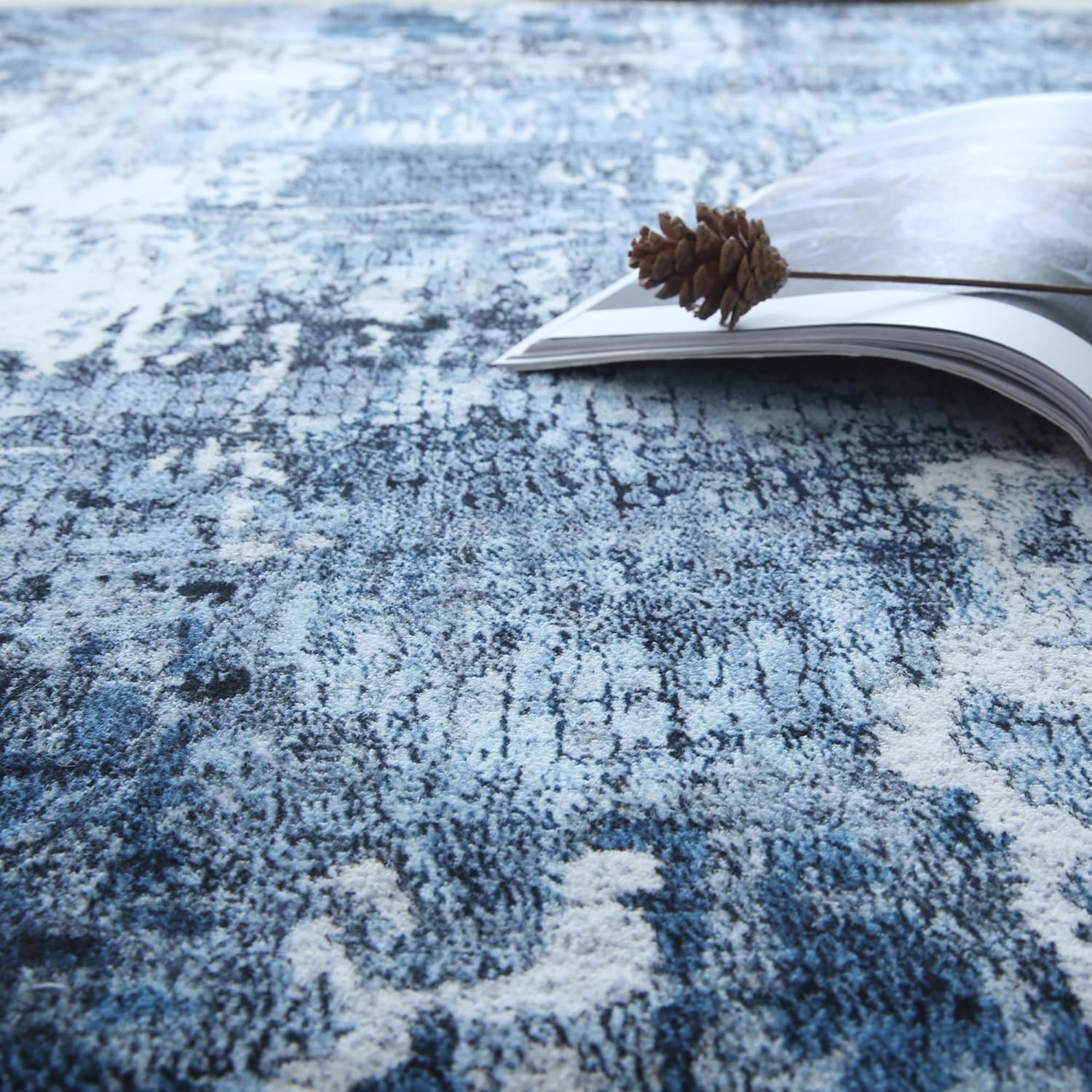 Rugcomf 8x10 Rug Washable Boho Rug Soft Large Area Rug Non-Slip Non-Shedding Faux Wool Vintage Rug for Living Room, Farmhouse, Dining Room, Indoor, Kids Playroom, Blue