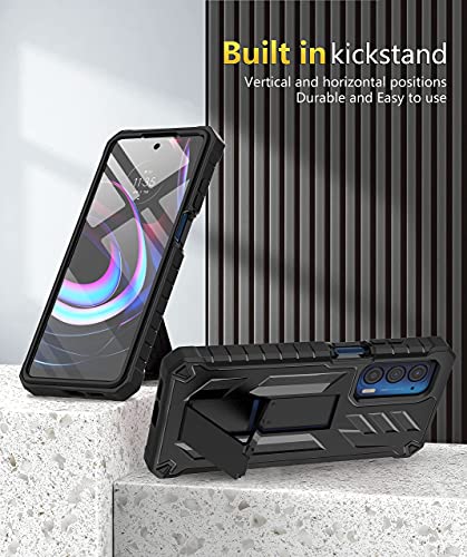 for Motorola Edge 2021 / Moto Edge 5G UW Case: Built-in Screen Protector Kickstand Full-Body Military Grade Three-Layer Protective Shockproof Rugged Phone Cover with Belt Clip Holster Black