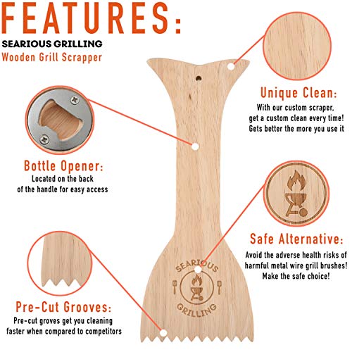 Searious Grilling Wood Grill Scraper Tool with Bottle Opener β Safe & Eco-Friendly BBQ Grill BrushAlternative β Grill Grate Cleaner,Wooden Tongs & Storage Bag Set