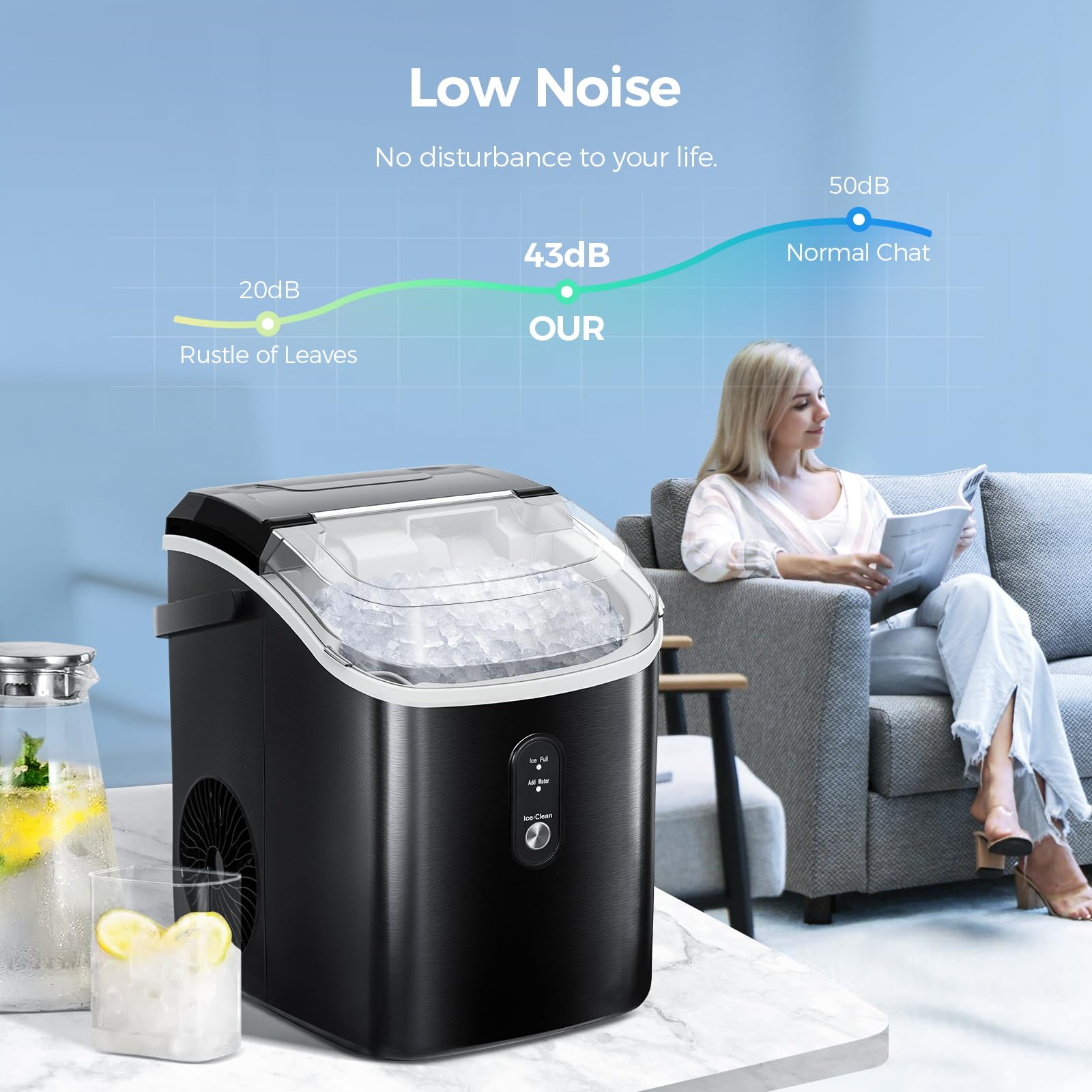Nugget Ice Maker Countertop with Handle, 35lbs/Day, Portable Ice Maker Counter top with Chewable Ice, One-Click Operation, Compact Design Crushed Pellet Ice Maker for Home/Kitchen/Office(Black)