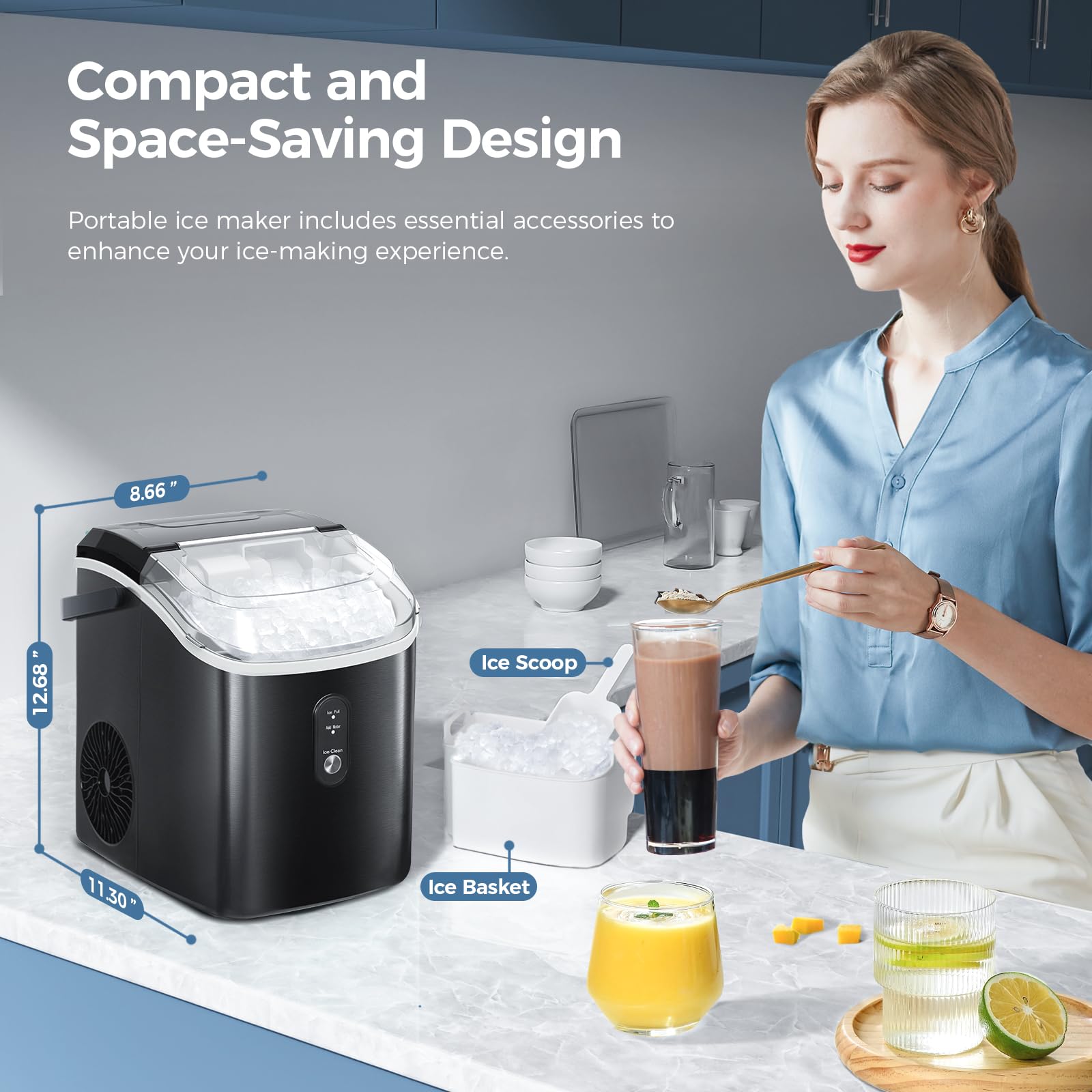 Nugget Ice Maker Countertop with Handle, 35lbs/Day, Portable Ice Maker Counter top with Chewable Ice, One-Click Operation, Compact Design Crushed Pellet Ice Maker for Home/Kitchen/Office(Black)
