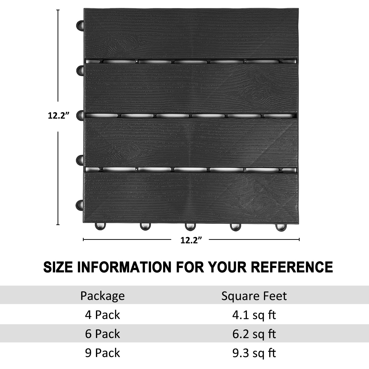 Hugeleaf 6 Pack Deck Tiles 12.2β x 12.2β Plastic Outdoor Flooring, Interlocking Deck Tiles Outdoor Waterproof All Weather Patio Tiles for Balcony, Porch, Poolside (Black)