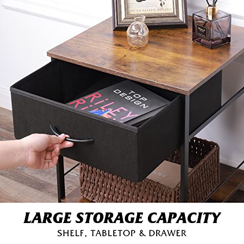 WLIVE Nightstand, End Table with Fabric Storage Drawer and Open Wood Shelf, Bedside Furniture with Steel Frame, Side Table for Bedroom, Dorm, Easy Assembly, Black and Rustic Brown
