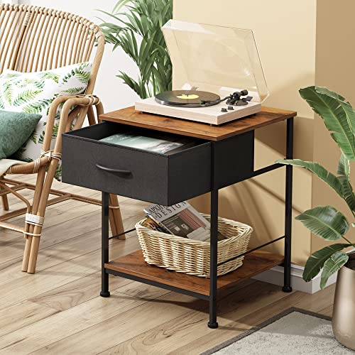 WLIVE Nightstand, End Table with Fabric Storage Drawer and Open Wood Shelf, Bedside Furniture with Steel Frame, Side Table for Bedroom, Dorm, Easy Assembly, Black and Rustic Brown