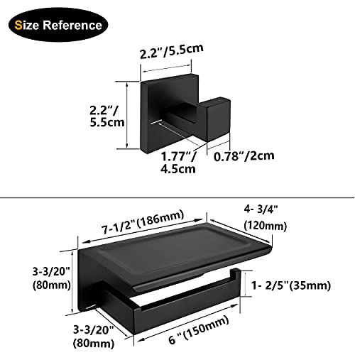 Nolimas Matte Black Bathroom Hardware Set 3 Pieces SUS304 Stainless Steel Square Wall Mounted Set Including Robe Towel Hooks,Toilet Paper Holder with Shelf, Bathroom Accessories Kit
