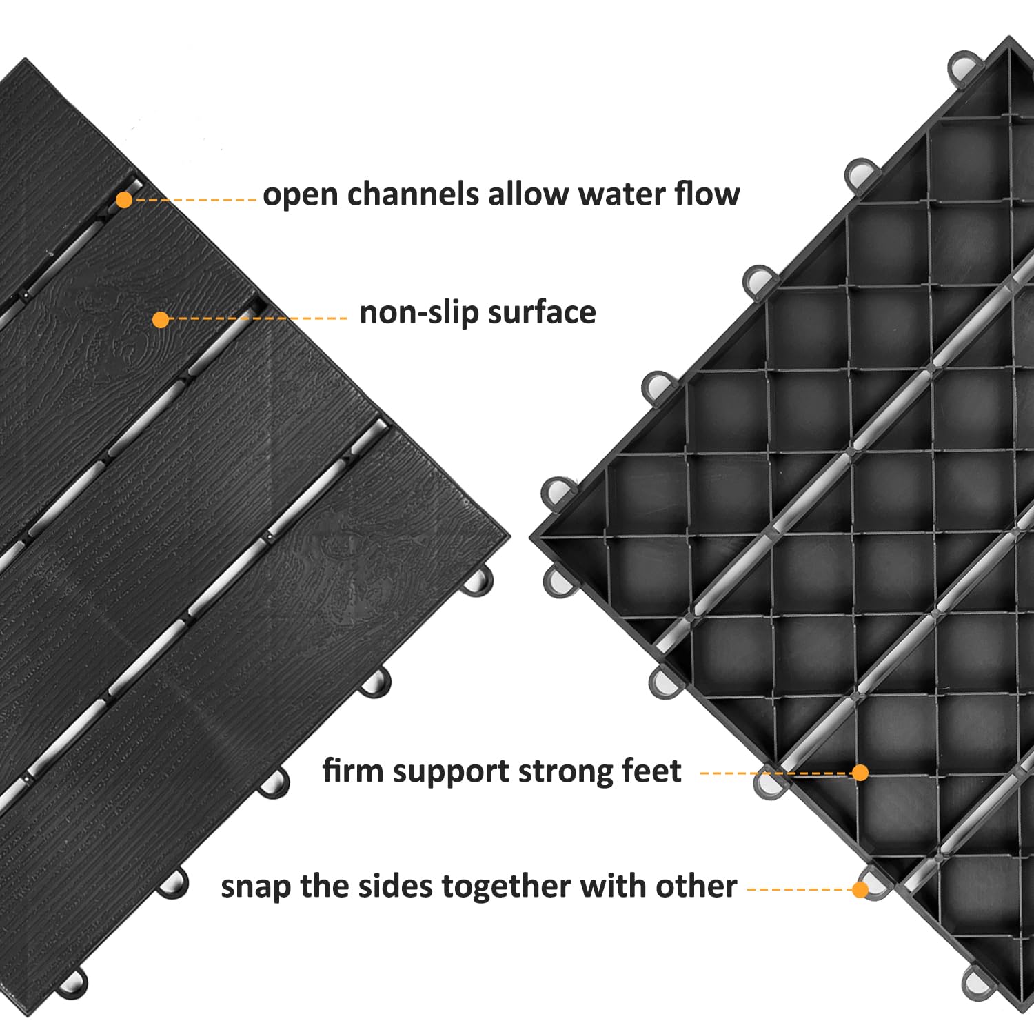 Hugeleaf 6 Pack Deck Tiles 12.2β x 12.2β Plastic Outdoor Flooring, Interlocking Deck Tiles Outdoor Waterproof All Weather Patio Tiles for Balcony, Porch, Poolside (Black)