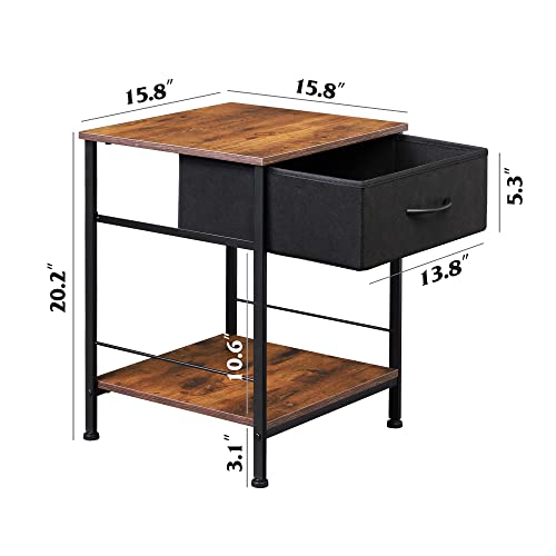 WLIVE Nightstand, End Table with Fabric Storage Drawer and Open Wood Shelf, Bedside Furniture with Steel Frame, Side Table for Bedroom, Dorm, Easy Assembly, Black and Rustic Brown