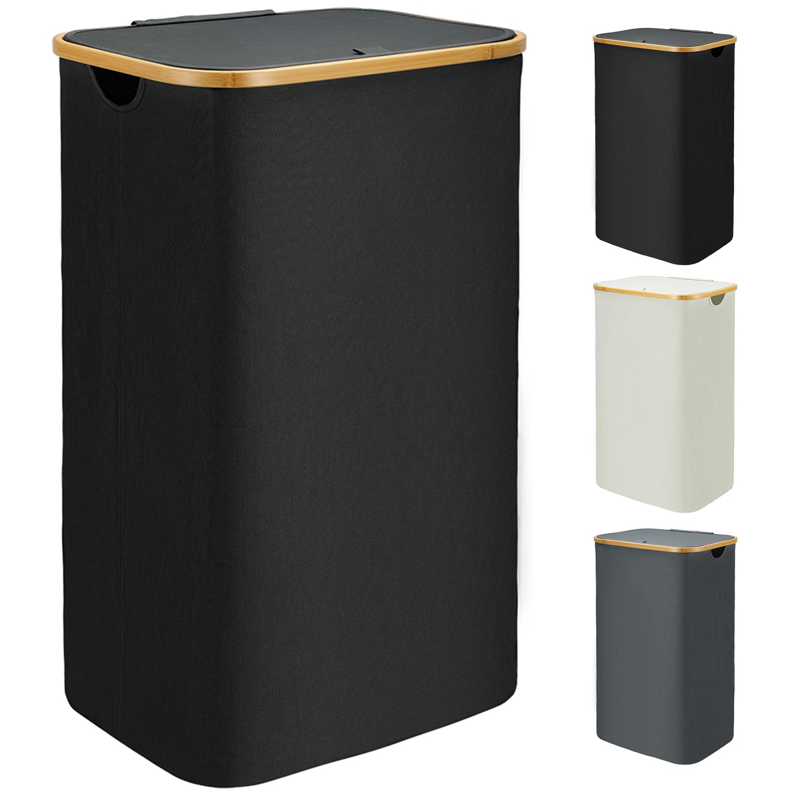 Bellzacasa Laundry Hamper with Lid, 110L Large Hampers for Laundry with Bamboo Handles and Removable Laundry Bag, Foldable Laundry Baskets with Lid for Bedroom Bathroom Tall Laundry Bin (Black)