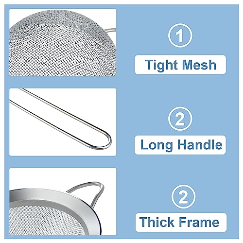 WLLHYF Fine Mesh Strainers Stainless Steel Long-Handled Tea Cup Bar Cocktail Coffee Juice Filter Sifter for Kitchen Food Powder Rice Flour Baked Pasta Small Leak Sieves 3 Inch Silver