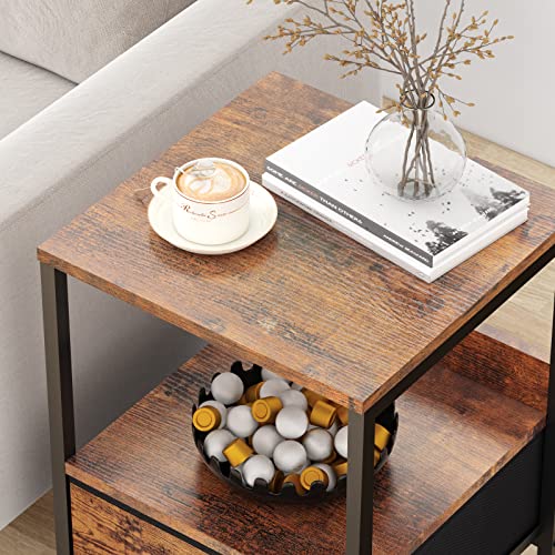 Furologee Set of 2 Nightstand with Drawer, End Table with Storage Shelf, Industrial Side Sofa Table, Bedside Accent Furniture Metal Frame Easy Assembly for Living Room/Bedroom/Hallway, Rustic Brown