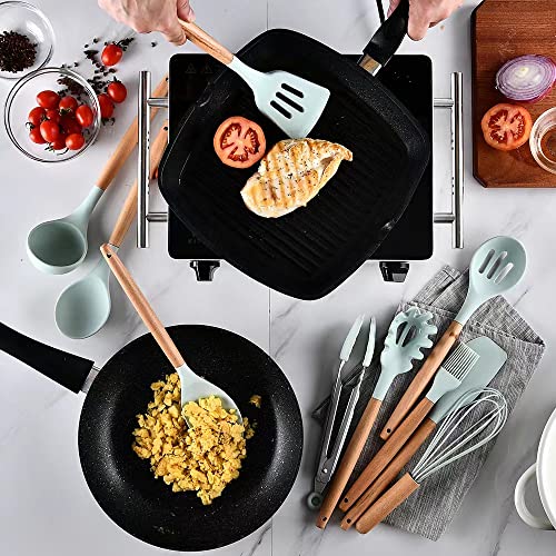 SHUNIKING Kitchen Silicone Utensil Set,12 Pcs Non-Stick Cooking Utensils With Wood Handles,Kitchen Spatula Cookware Set for High Heat Resistant Gadgets (Green) (Kitchenware-1)