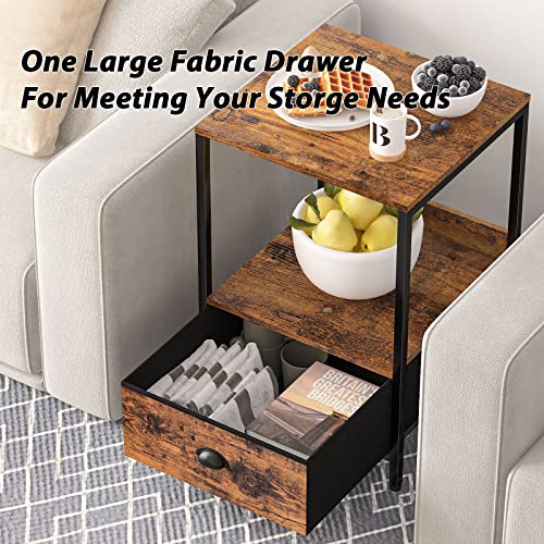 Furologee Set of 2 Nightstand with Drawer, End Table with Storage Shelf, Industrial Side Sofa Table, Bedside Accent Furniture Metal Frame Easy Assembly for Living Room/Bedroom/Hallway, Rustic Brown