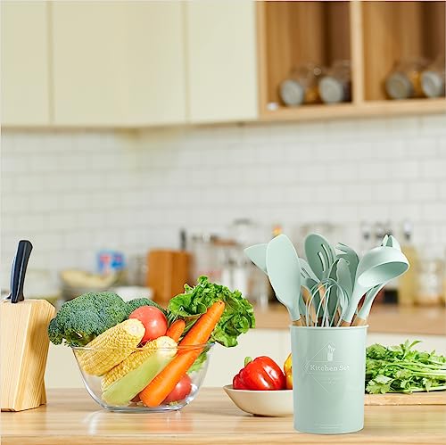 SHUNIKING Kitchen Silicone Utensil Set,12 Pcs Non-Stick Cooking Utensils With Wood Handles,Kitchen Spatula Cookware Set for High Heat Resistant Gadgets (Green) (Kitchenware-1)