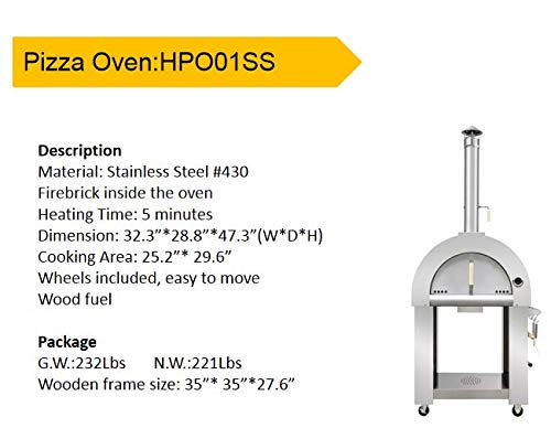 32.5" Wood Fired Stainless Steel Artisan Pizza Oven or Grill, Outdoor or Indoor
