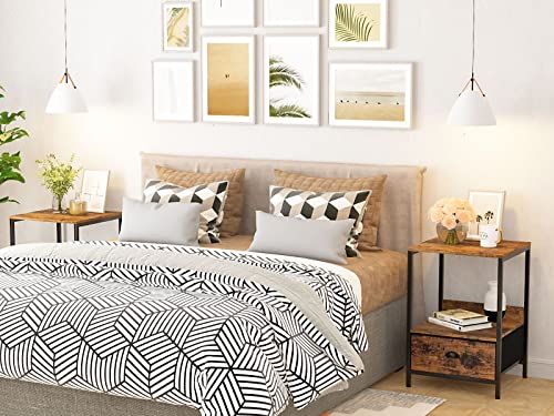 Furologee Set of 2 Nightstand with Drawer, End Table with Storage Shelf, Industrial Side Sofa Table, Bedside Accent Furniture Metal Frame Easy Assembly for Living Room/Bedroom/Hallway, Rustic Brown