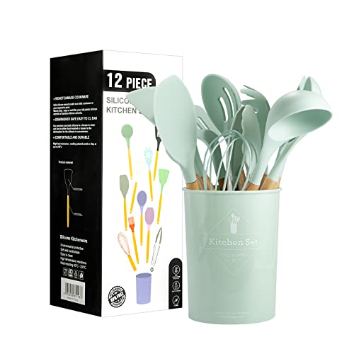SHUNIKING Kitchen Silicone Utensil Set,12 Pcs Non-Stick Cooking Utensils With Wood Handles,Kitchen Spatula Cookware Set for High Heat Resistant Gadgets (Green) (Kitchenware-1)