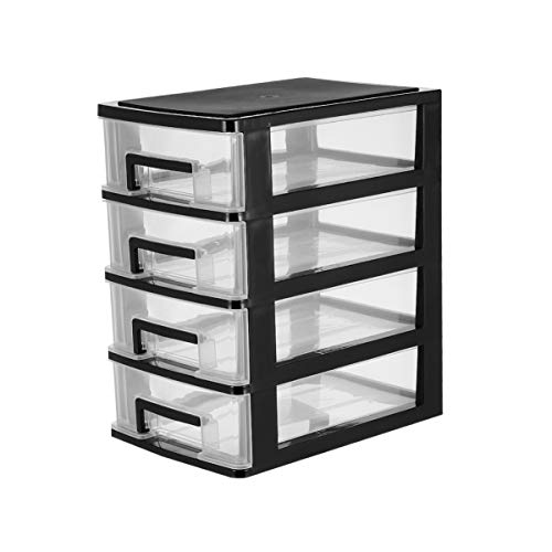EXCEART 4 Layer Desktop Cabinet 4 Layer Plastic Drawer Cabinet Small Plastic Storage Cabinet for Office Bedroom Home (Black and Transparent)