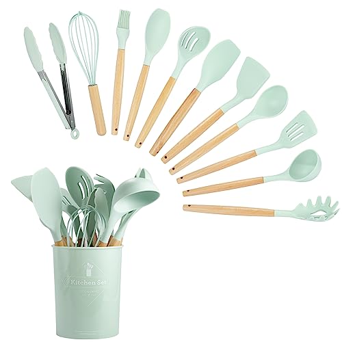 SHUNIKING Kitchen Silicone Utensil Set,12 Pcs Non-Stick Cooking Utensils With Wood Handles,Kitchen Spatula Cookware Set for High Heat Resistant Gadgets (Green) (Kitchenware-1)