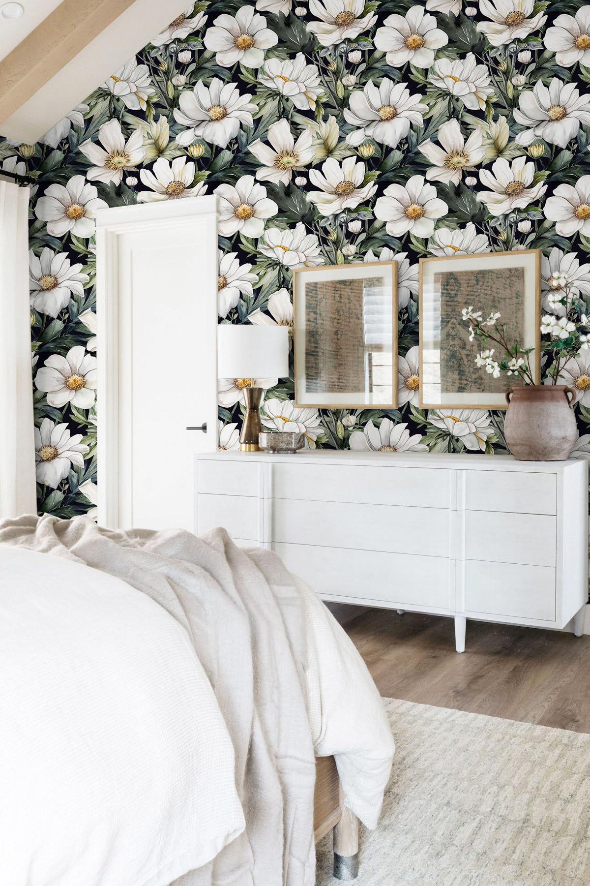 HAOKHOME Floral Wallpaper Peel and Stick Vintage Removable Wall Paper Black/Green/White Stick on Wall Mural Contact Paper 17.7in x 9.8ft