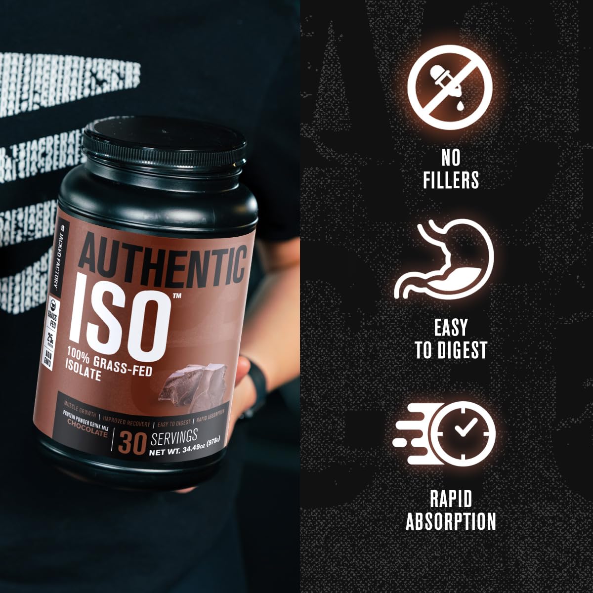 Jacked Factory Authentic ISO Grass Fed Whey Protein Isolate Powder - Low Carb, Non-GMO Muscle Building Protein w/No Fillers, Post Workout Recovery, Chocolate