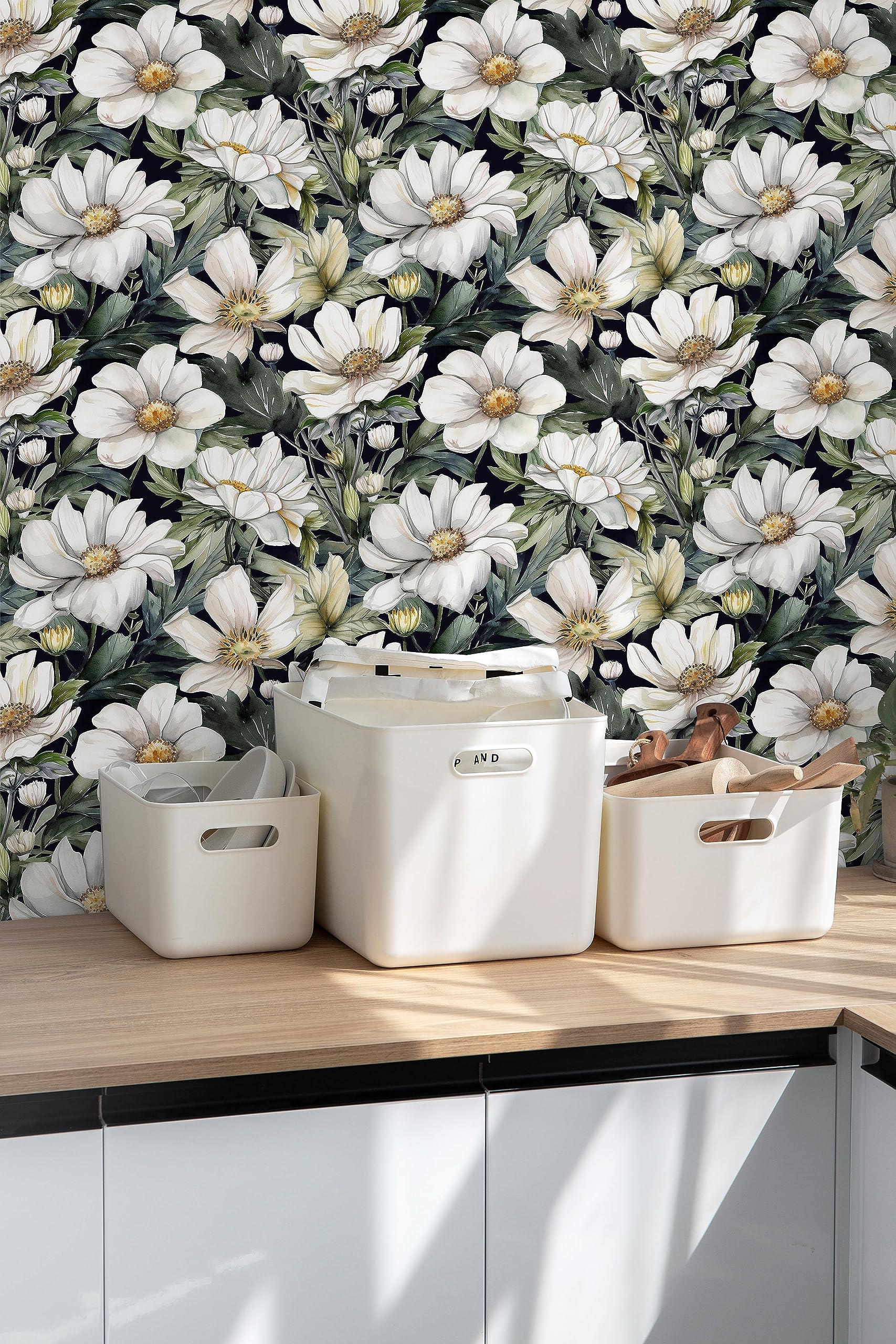 HAOKHOME Floral Wallpaper Peel and Stick Vintage Removable Wall Paper Black/Green/White Stick on Wall Mural Contact Paper 17.7in x 9.8ft