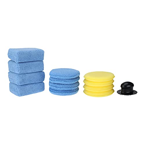 AuInLand 13 PCS Wax Applicator Pads Kit, Rectangle/Round Blue Microfiber Detailing Wax Applicator Pad, Round Yellow Foam Waxing Pad with Handle for Cars Wax Applicator Foam Sponge