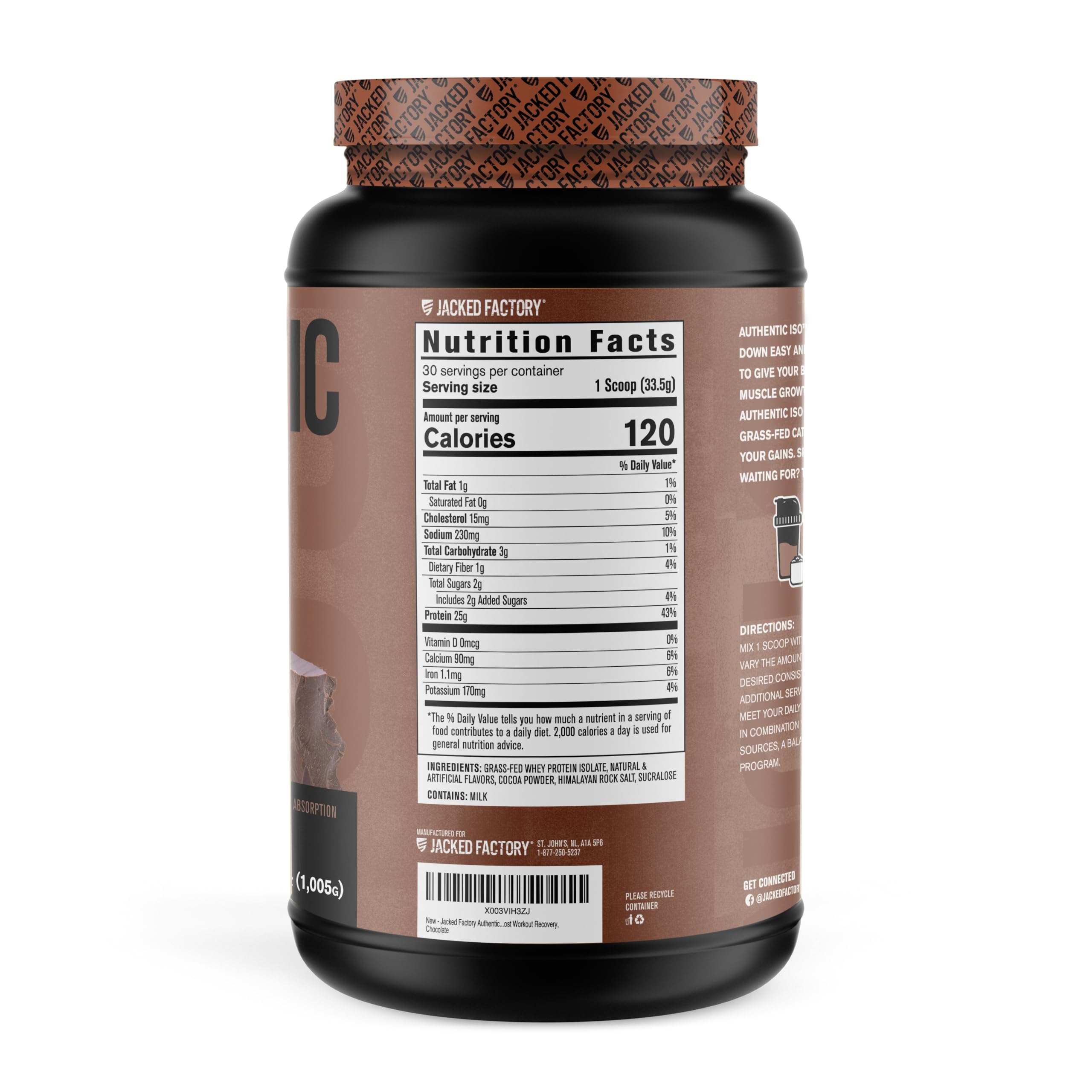 Jacked Factory Authentic ISO Grass Fed Whey Protein Isolate Powder - Low Carb, Non-GMO Muscle Building Protein w/No Fillers, Post Workout Recovery, Chocolate