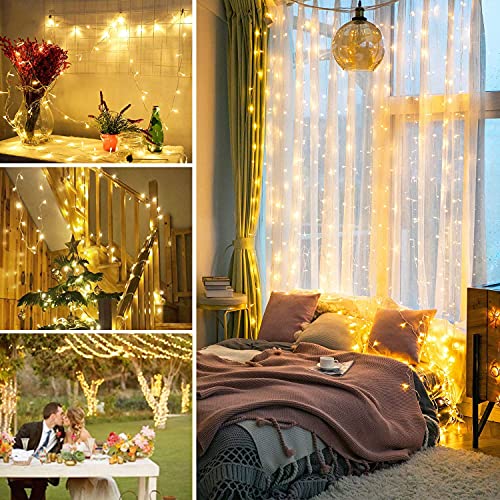 JMEXSUSS 33ft 100 LED Warm White String Lights Indoor, 8 Modes Bedroom Christmas Lights Indoor Clear Wire, Plug-in Christmas String Lights Outdoor Waterproof for Wedding Room Party Christmas
