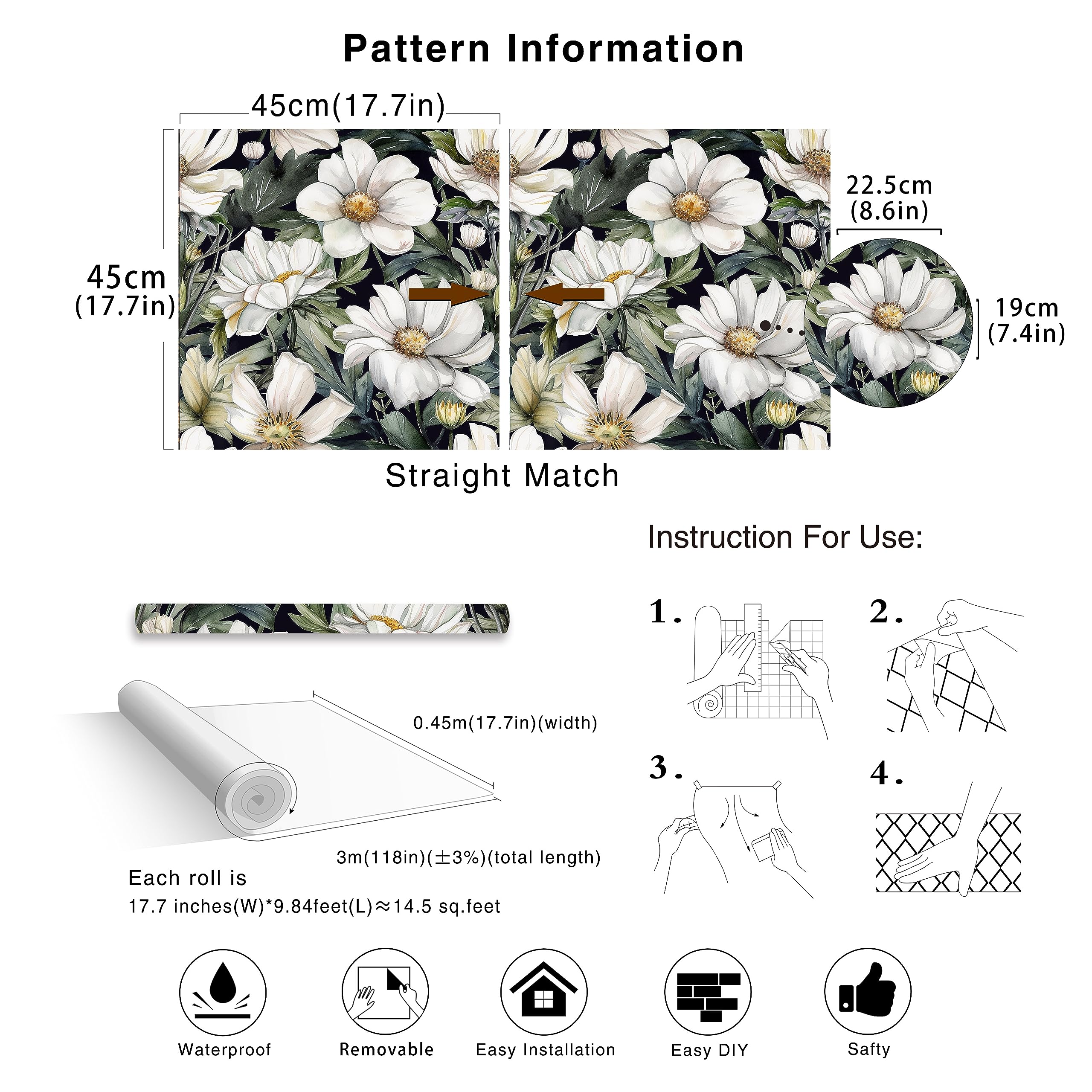 HAOKHOME Floral Wallpaper Peel and Stick Vintage Removable Wall Paper Black/Green/White Stick on Wall Mural Contact Paper 17.7in x 9.8ft