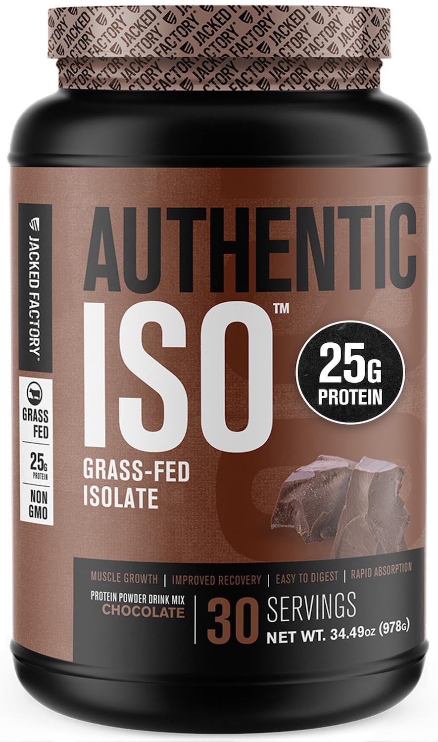 Jacked Factory Authentic ISO Grass Fed Whey Protein Isolate Powder - Low Carb, Non-GMO Muscle Building Protein w/No Fillers, Post Workout Recovery, Chocolate