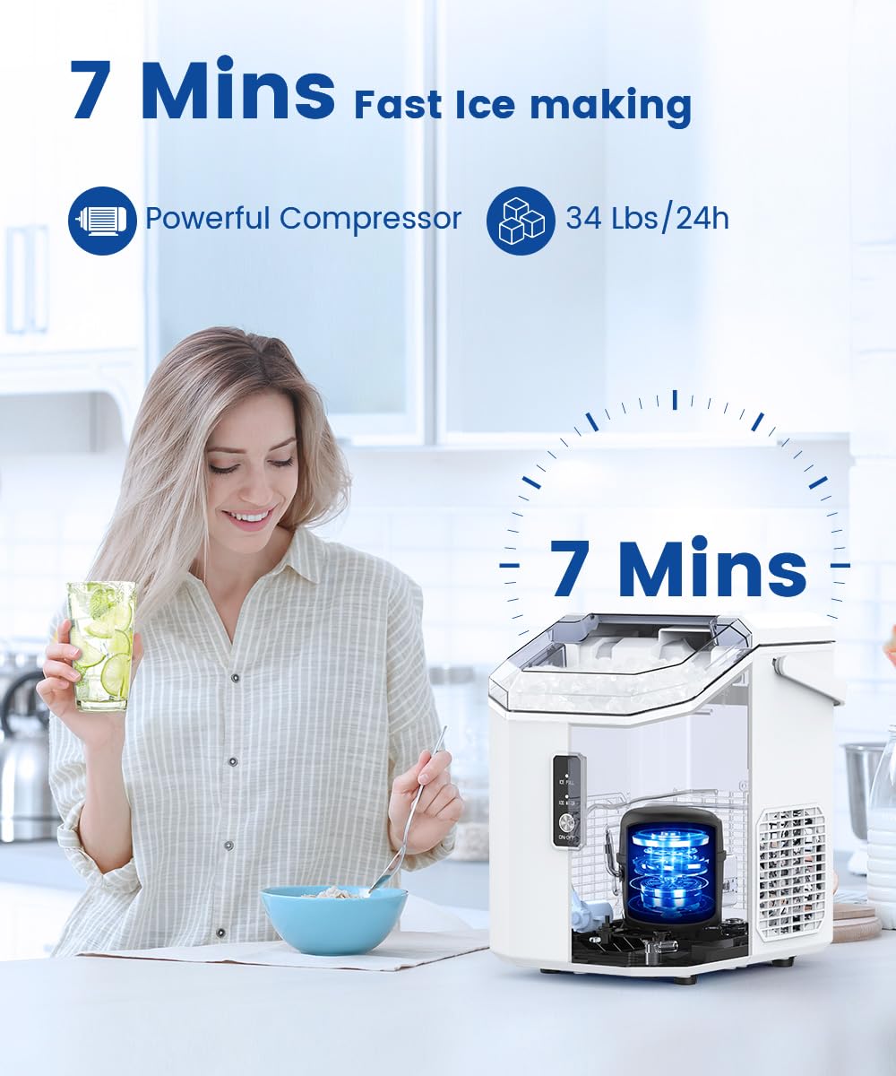 COWSAR Ice Maker, Nugget Ice Maker Machine, Portable Ice Machine with Self-Cleaning, 34Lbs/Day, Ice Makers Countertop with Handle, Ice Scoop and Basket for Home Office Party, White