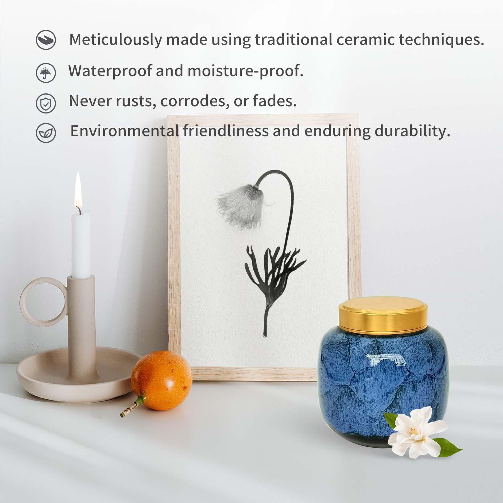 Blue Handmade Ceramic Urn for Ashes - 6.7 fl oz (0.8 Cup) Memorial Keepsake (3.15" H) with Secure Aluminum Lid, Small Urn for Pets, Children & Sharing Adult Ashes