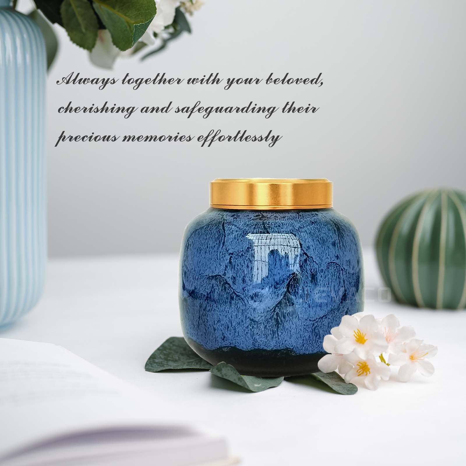 Blue Handmade Ceramic Urn for Ashes - 6.7 fl oz (0.8 Cup) Memorial Keepsake (3.15" H) with Secure Aluminum Lid, Small Urn for Pets, Children & Sharing Adult Ashes