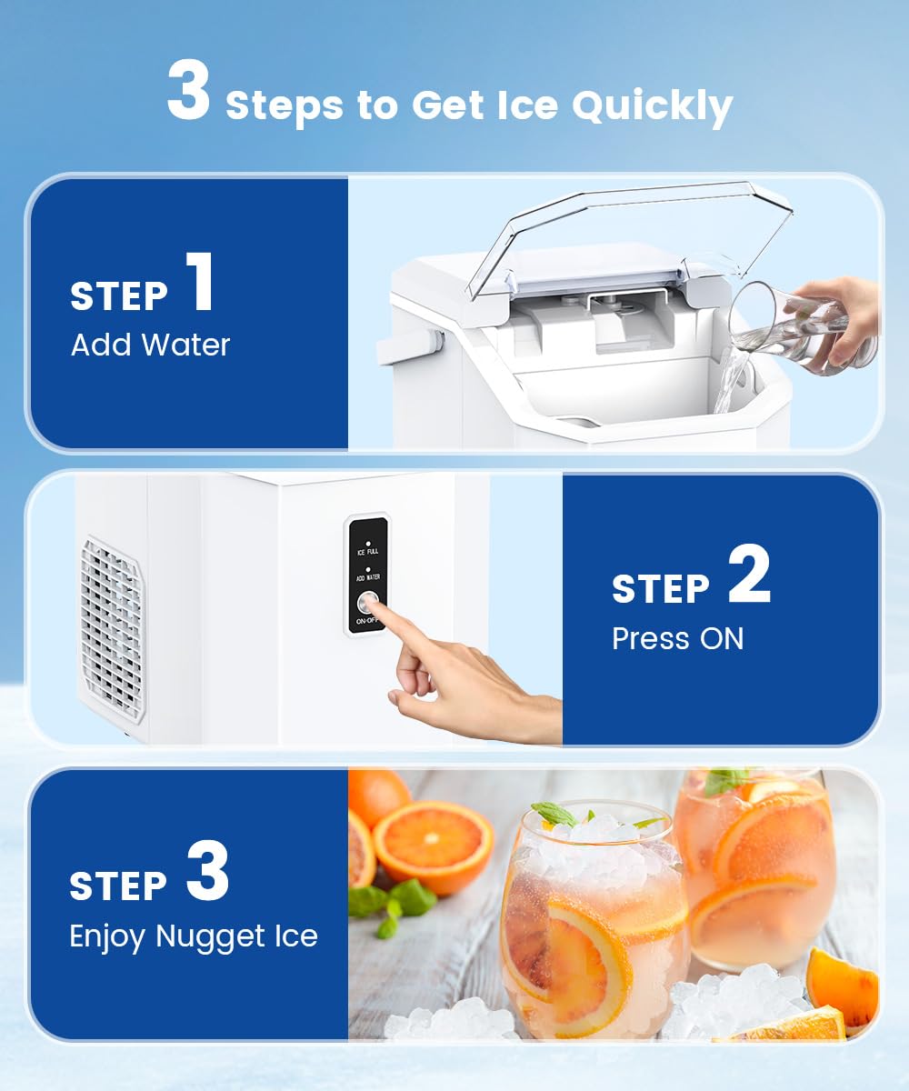 COWSAR Ice Maker, Nugget Ice Maker Machine, Portable Ice Machine with Self-Cleaning, 34Lbs/Day, Ice Makers Countertop with Handle, Ice Scoop and Basket for Home Office Party, White