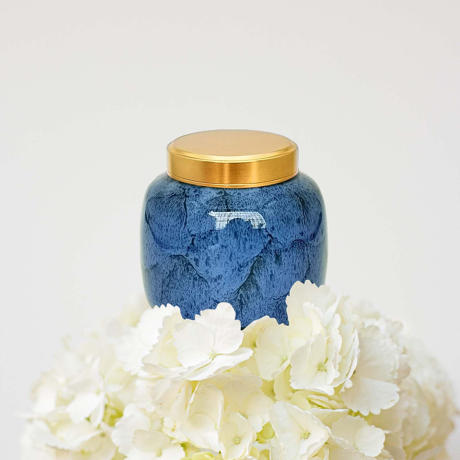 Blue Handmade Ceramic Urn for Ashes - 6.7 fl oz (0.8 Cup) Memorial Keepsake (3.15" H) with Secure Aluminum Lid, Small Urn for Pets, Children & Sharing Adult Ashes