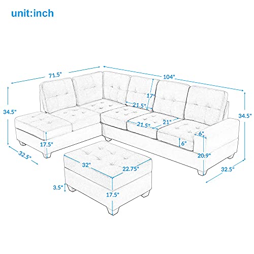 Evedy Modern Sectional Sofa,L-Shaped Couch with Two Cup Holders&Storage Ottoman,3-Seaters Sofa with Extra Wide Reversible Chaise,Upholstered Sofas for Living Room Large Space Dorm Apartment
