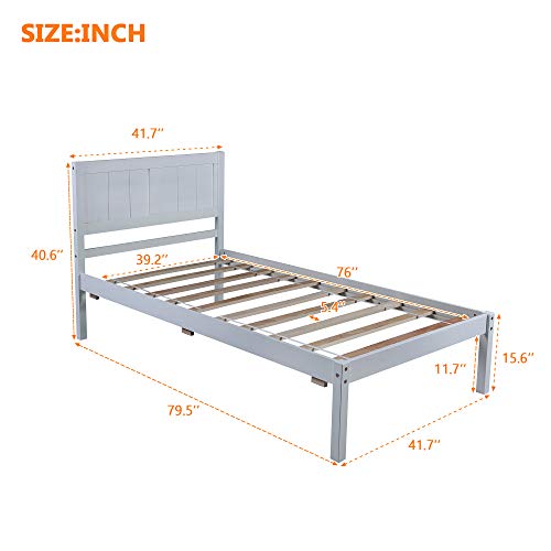 Swellsuite Wood Platform Bed Frame for Kids, Twin Bed Frame with Headboard and Support Legs for Boys and Girls, Twin Platform Bed with Wood Slats, No Box Spring Needed, Twin Size, Gray.