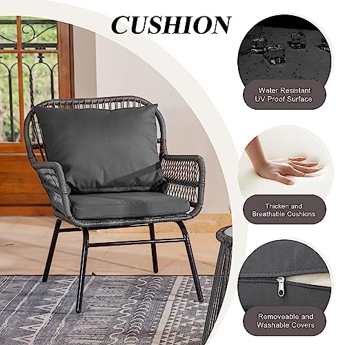 NICESOUL® 3 Seats Outdoor Chair Set Round Table Oversized Stationary Egg Chair Boho Style Handwoven PE Wicker Patio Conversation Large Egg Backyard Pool Grey Wicker 4 Pieces Set