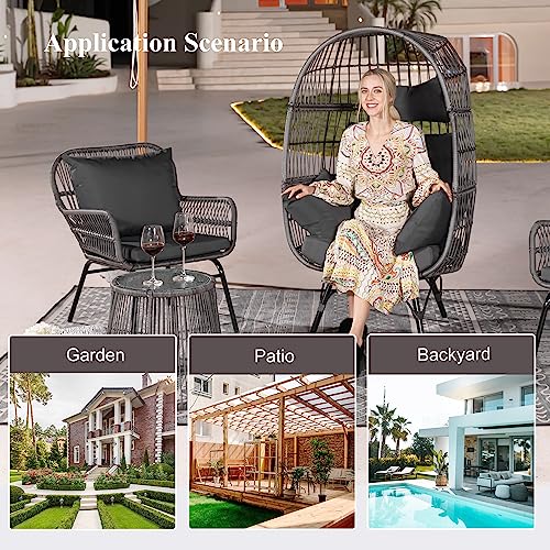 NICESOUL® 3 Seats Outdoor Chair Set Round Table Oversized Stationary Egg Chair Boho Style Handwoven PE Wicker Patio Conversation Large Egg Backyard Pool Grey Wicker 4 Pieces Set