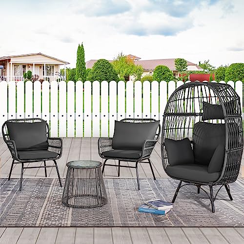NICESOUL® 3 Seats Outdoor Chair Set Round Table Oversized Stationary Egg Chair Boho Style Handwoven PE Wicker Patio Conversation Large Egg Backyard Pool Grey Wicker 4 Pieces Set