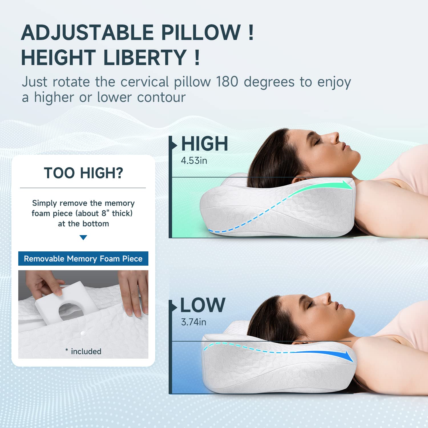 Zibroges Cervical Memory Foam Pillow for Neck Shoulder Pain Relief Sleeping Supports Your Head, Ergonomic Orthopedic Contoured Cooling Bed Pillow for Side, Back and Stomach Sleepers