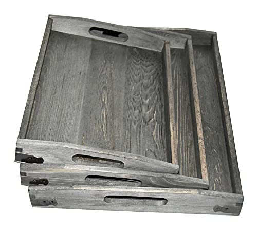 Owlgift Vintage Grey Wood Serving Trays with Brass Metal Wrap Accents, Set of 3