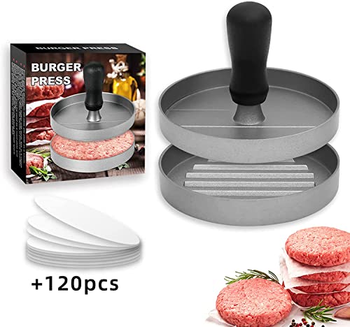 UIRIO Burger Press Patty Maker - Kitchen Mold Hamburger Press with 120 Parchment Papers - Non-Stick Sturdy and Easy to Use - Meat Beef Cheese Veggie Smash Burger Press