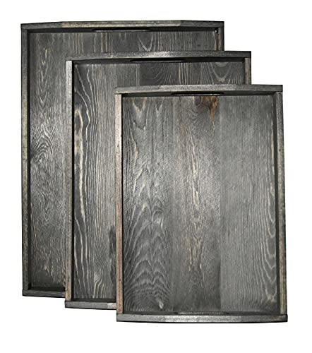 Owlgift Vintage Grey Wood Serving Trays with Brass Metal Wrap Accents, Set of 3