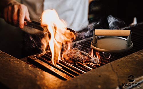 Round Cast Iron Bacon Press 2.4 lbs Weight Comes Complete with Spatula, Grill Press with Beech Wood Handle Ideal for Bacon, Burger, Sandwich and Steak